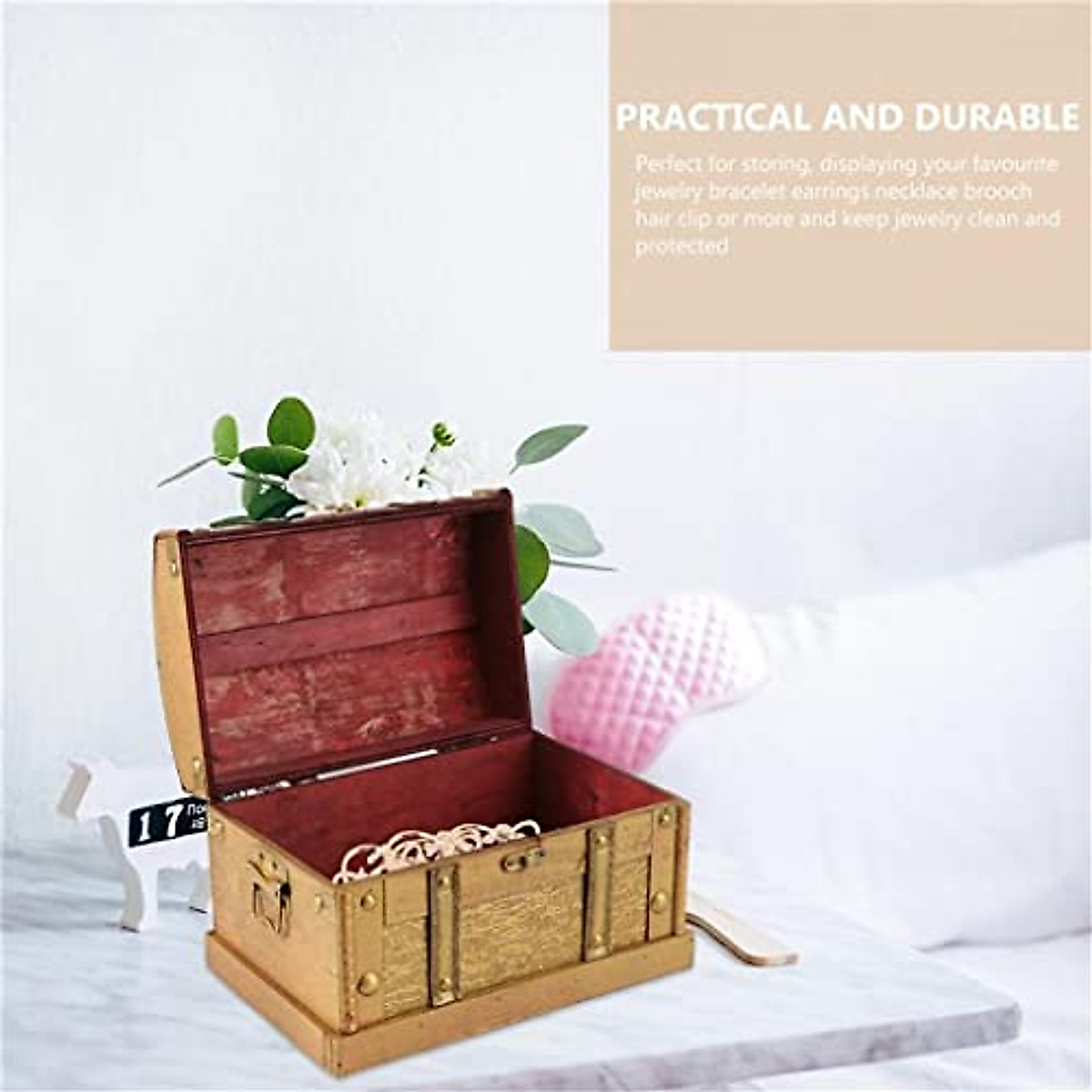 LDCHNH Retro Wooden Pirate Treasure Chest Box Storage Organizer Trinket Keepsake Treasure Case Decor Without Lock