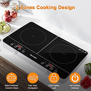 Portable Induction Cooktop 1800W Double Induction Cooktop Stove Hot Plates,2 Independent Touch Control with 2 Knobs,9 Power & 10 Temp Levels,Child Safety Lock,Timer