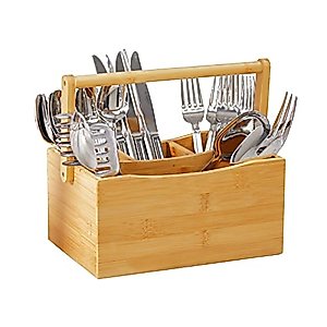 RoyalHouse Natural Bamboo Utensil Holder And Organizer For Kitchen Countertop, Bamboo Picnic Basket With Folding Handle for Camping Trip