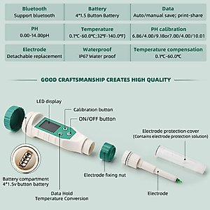Focket 2 in 1 Smart Bluetooth PH Meter, APP Control Temp Meter, 0.01 Resolution High Accuracy PH Tester LCD Display Digital PH Meter for Drinking Water Hydroponics Aquarium