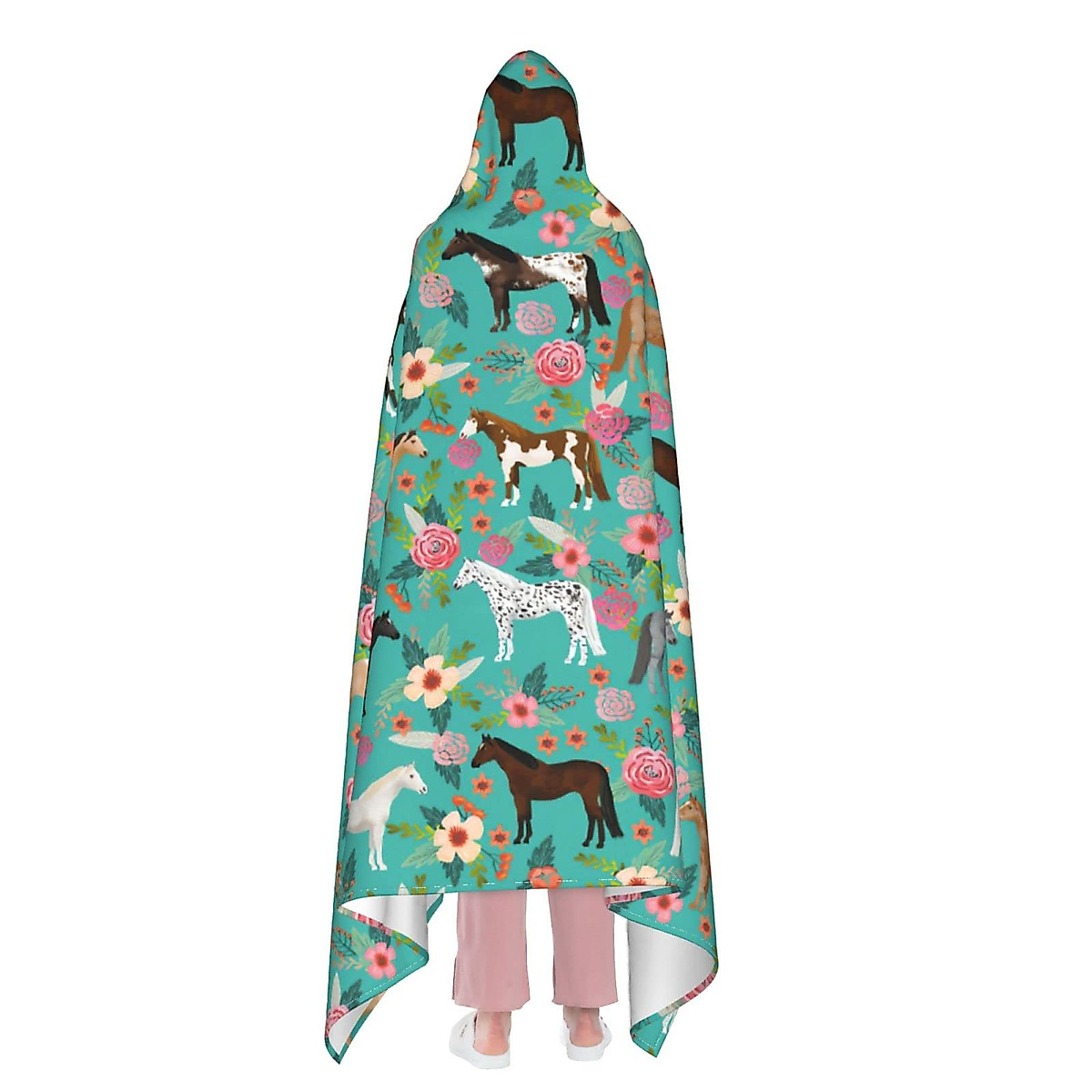 HIONHSW Horses and Flowers Hooded Blanket Anti-Pilling Flannel Wearable Blanket Hoodie-Plush Warm Blanket Throw Blankets Fit for Kids, Adults, Teens