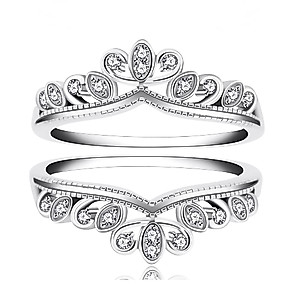 Uloveido Women's 925 Sterling Silver Princess Crown Tiara Wedding Ring Guard Enhancer 2pcs Stack Rings Set Y1525 (Size 8)