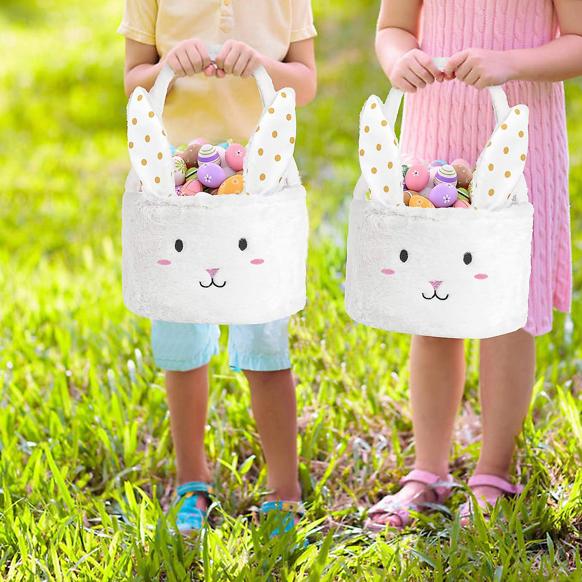 Evoio Easter Basket for Kids Toddler Girls Boys, Fluffy Bunny Bucket Bag with Handle Bunny Face and Foldable Ears Perfect for Easter Eggs Hunt Event, Easter Gifts Bunny Easter Eggs Basket Bags