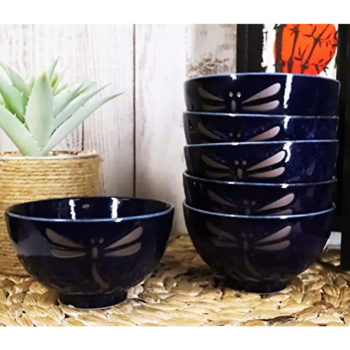 Ebros Pack Of 6 Made in Japan Midnight Blue Tombo Dragonfly Rice Soup Cereal Salad Dessert Stoneware Porcelain Bowls 4.5"D Home Decor Japanese Zen Fusion Accent Bowl Set Serveware Dinnerware