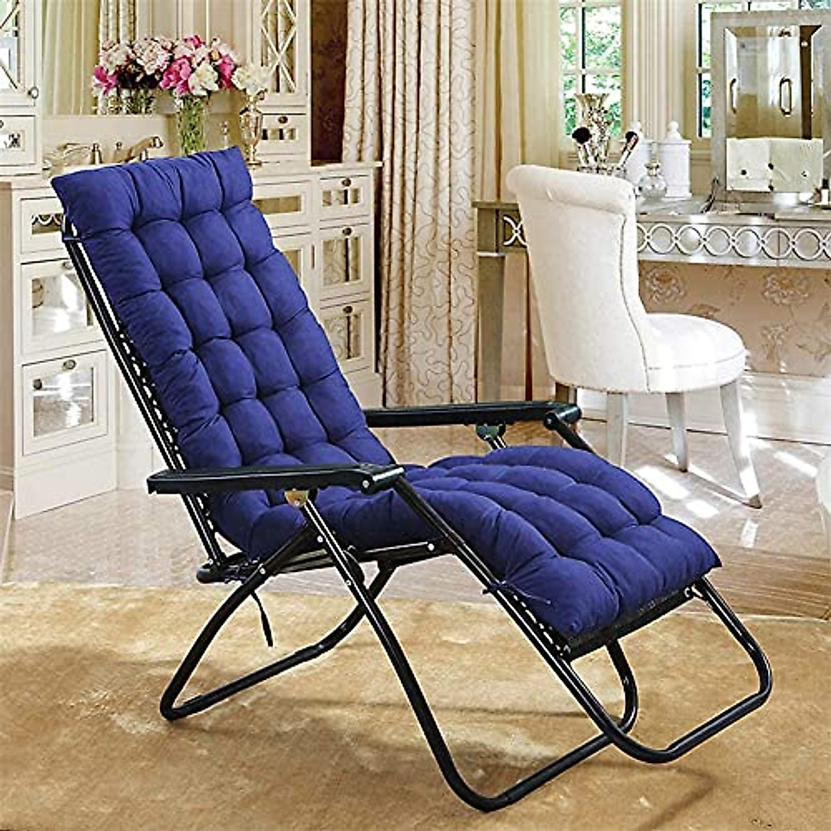 61inch Sun Lounger Chair Cushions, Sundlight Patio Cushions Chaise Outdoor Mattress Recliner Quilted Thick Padded Seat Cushion Reclining Chair Rocking with Ties (Navy Blue)