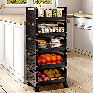 5 Tier Rolling Cart, Stackable Metal Kitchen Storage Cart with Wheels, Black