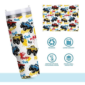 Emelivor Colorful Monster Trucks 30 oz Tumbler with Lid and Straw Insulated Tumblers with Handle Leak Proof Coffee Tumbler Mug Large Water Bottles for Hot or Ice Coffee Tea