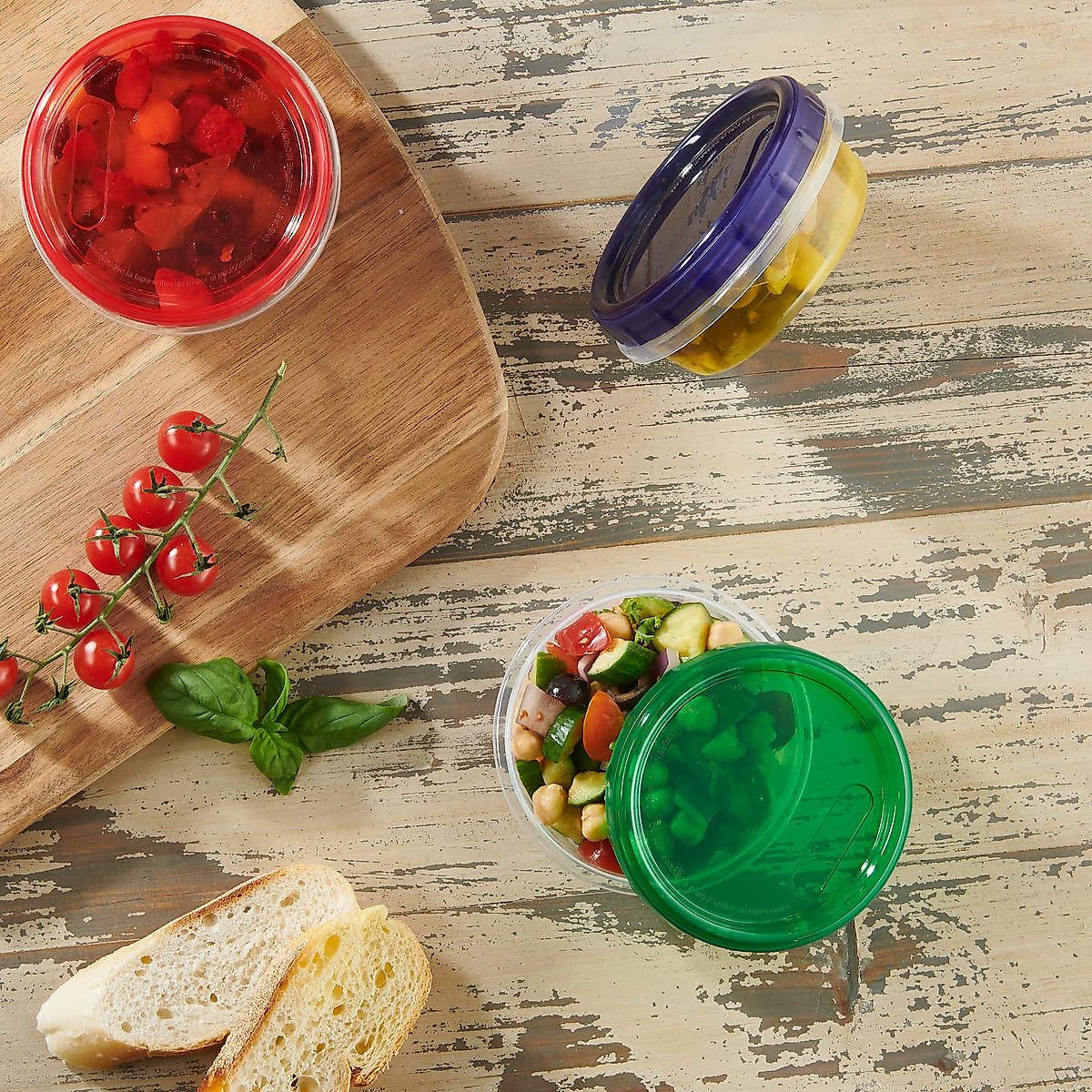 ELEGANT DISPOSABLES Twist Top Food Storage Containers 8 oz 12 Pack Plastic Freezer Storage Containers Leakproof Reusable with Screw on Colored Lids (12)