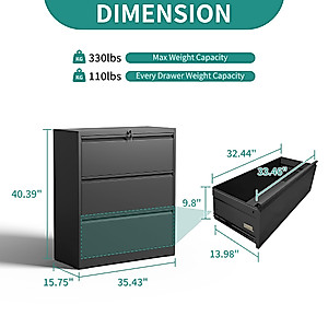 BIZOEIRON 3 Drawer Lateral File Cabinet with Lock, Metal Filing Cabinets for Home Office, Steel Storage Wide File Cabinet for Letter/Legal/F4/A4 Size with Hanging Bars(Black)