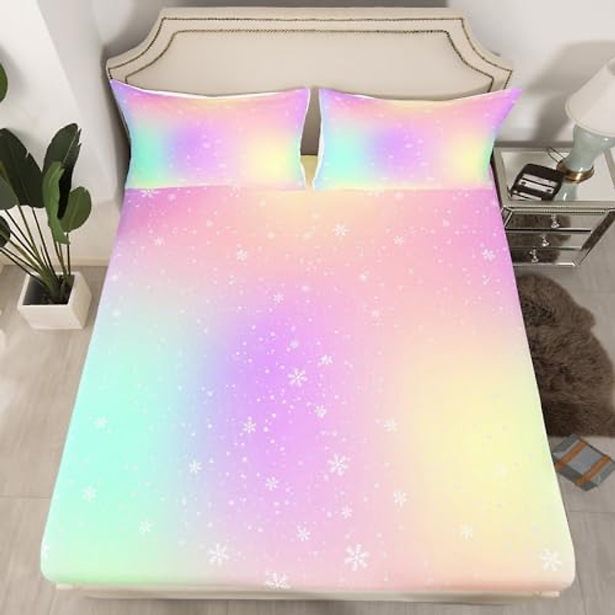 Erosebridal Pink Xmas Bed Sheets Set Full Size for Boys Girls Kids Rainbow Gradient Sheet Set 4 Piece Merry Christmas Fitted Sheet Santa Claus Gifts Flat Sheet Happy New Year Sheets