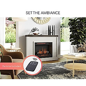 Bridgevine Home Electric Fireplace Mantel with Accent Wood Shelf and Surround, Realistic Logs and Flame Effect, Fireplace TV Stand, Adjustable LED Electric Heater with Remote Control, 48 Inch, White