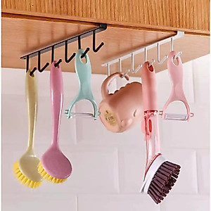 2pcs Multi-Hooks Under The Cabinet 6-Hook Hanging Hook Rack Kitchen Utensil Cupboard Hanger Chest Organizer Cup Holder for Coffee Bar, Fit for 0.8 Inch Thickness Shelf or Less, Nail Free (Black)