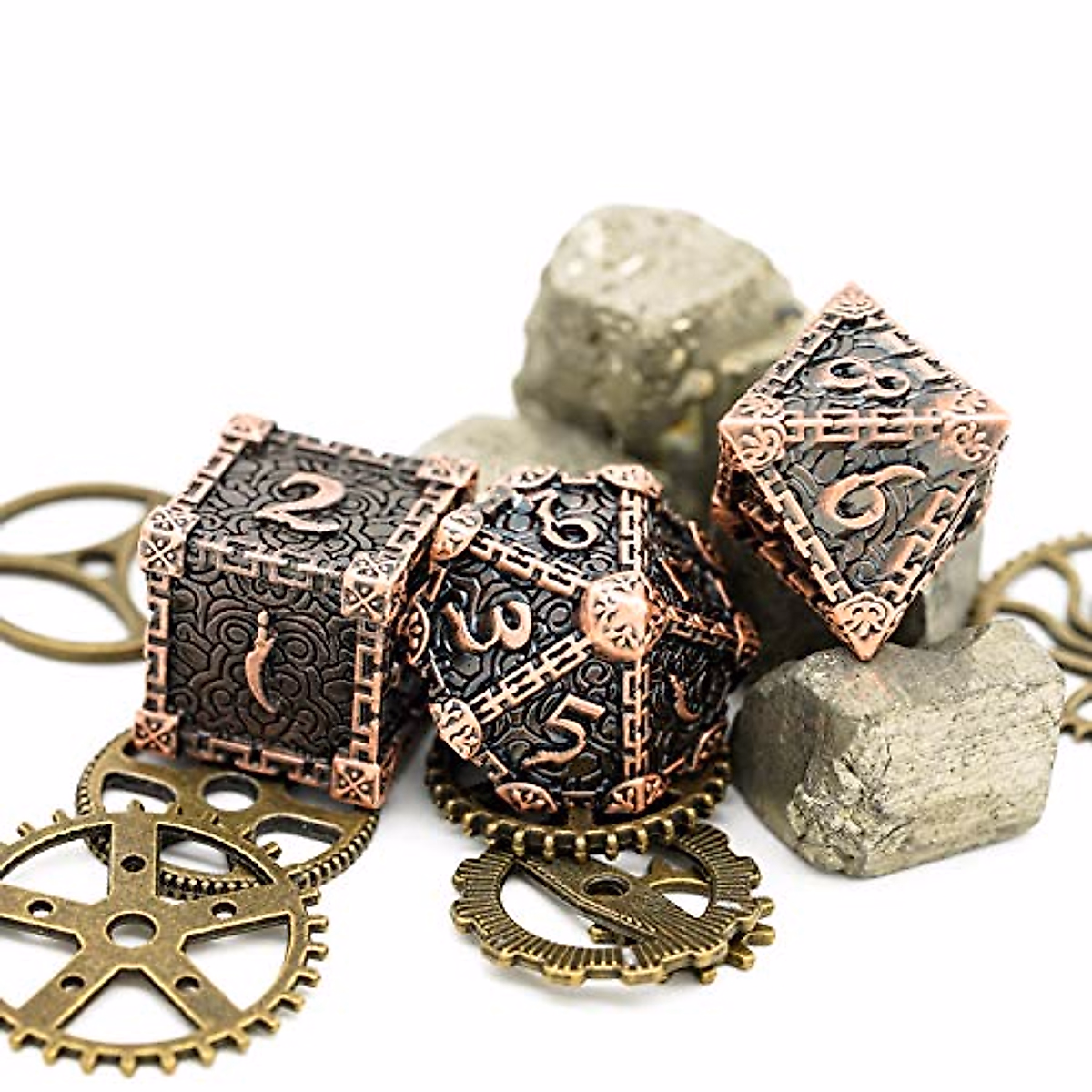 Cusdie Metal Dice with Metal Box, 7 PCs DND Metal Dice, Dagger Design Polyhedral Dice Set, for Role Playing Game D&D Dice MTG Pathfinder (Ancient Copper)