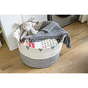 Decospark XXXL Cotton Rope Basket For Toy And Blanket Storage| 21.7" x 13.8" | Soft Long Handles | Decorative Home Organizer Ideal For Living Room, Baby Clothes And Laundry (Grey and White)