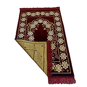EDUS Turkish Muslim Prayer Rug, Gifts 99 Prayer Beads and Kufi Hats for Men, Islamic Prayer Mat for Men Women and Kids, Portable Velvet Carpet, Great Ramadan Gifts (F. Claret Red)