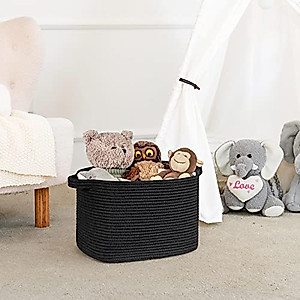 CHICVITA Black Woven Rope Storage Basket with Handles, Soft Rectangle Shelf Basket for Toys, Books, Cloth, Towel, Shoe, Farmhouse Decorative Basket for Bathroom, Living Room, Nursery, 13.5 x 11 x 9.5