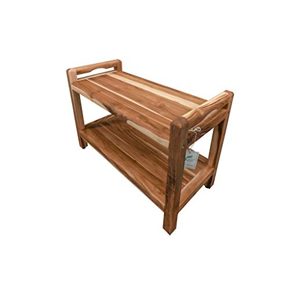 EcoDecors Teak Shower Bench 29" Wood Shower Seat Stool with Storage Shelf and LiftAide Arms, Eleganto Shower Bench for Indoors and Outdoors