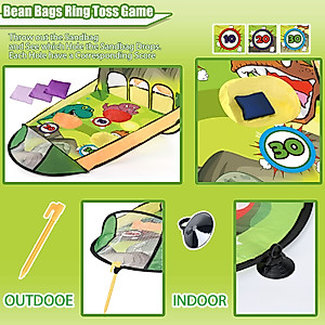 unanscre 3 in 1 Bean Bag Toss Game Toy Outdoor for Kids, Dinosaur Foldable Cornhole Board with Pop Up Basketball Game and Dartboard Set, Gift for Birthday/Xmas Party, Outside Toys for Toddlers Age 3+