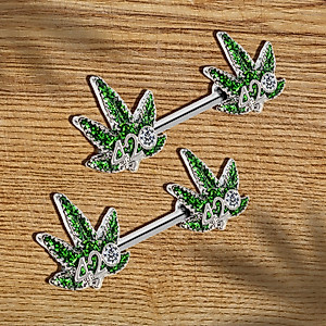 Pierce2GO 14G Nipple Piercing Surgical Stainless-Steel Set of 2 Barbell Marijuana Weed Leaf - 420 Cute Nipple Rings Nipple Piercing Jewelry for Women - 9/16" Barbell (Green)