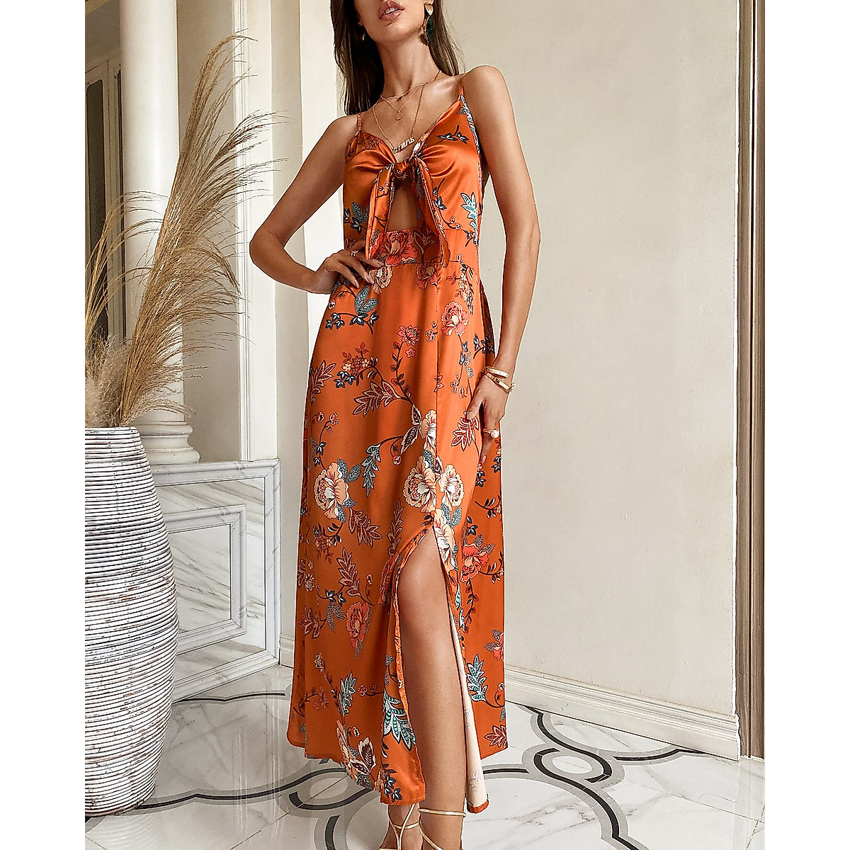 Fashionme Women Spaghetti Strap Midi Satin Dresses Tie Front Backless Split Summer Casual Floral Dress Hollow Flowy Slip Dress Sundress Wedding Guest Beach Cocktail Graduation Orange
