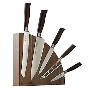 Messermeister Royale Elite 6-Piece Magnet Block Set - Includes 8" Stealth Chef's Knife, 9" Scalloped Bread Knife, 6" Utility Knife, 5” Cheese & Tomato Knife, 3.5" Paring Knife & Knife Block