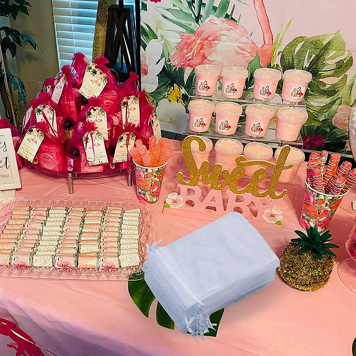 ANZNKU 50 Pack Organza Bags 5 x 7 Inch, White Sheer Favor Bags with Drawstring, Small Mesh Bags Drawstring, Gift Bags Small Size, Sheer Bags Drawstring For Wedding Party