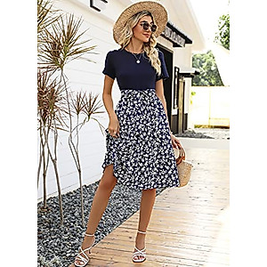 Berydress Knee Length Dress for Women Summer Casual Short Sleeve Modest A-Line Belt Party Work Dress with Pockets (S, 6188-Navy Floral)