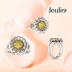 Jeulia s925 Sterling Silver Sunflower Rings Intertwined Ring Daisy Hawaiian Flower Rings for Women Halo Engagement Ring Set Bridal Anniversary with Jewelry Gift Box (Sunflower, 5.5)