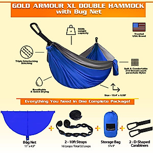 Gold Armour Camping Hammock with Bug Net - XL Double Hammock Portable Hammock Camping Accessories Gear Mosquito Bug Net Set for Outdoor Indoor, USA Based Brand (Blue & Gray)