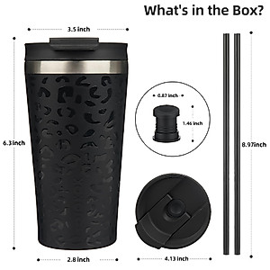 BJPKPK 18oz Insulated Tumbler With lid And Straw Stainless Steel Tumblers Travel Coffee Mug Reusable Thermal Cup,Black Leopard