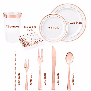 SIRSIMON 250 Piece Disposable Rose Gold Plastic Dinnerware Set - 50 Rose Gold Plastic Plates - 25 Rose Gold Plastic Silverware - 25 RoseGold Cups and Straws - 50 Fancy Napkins, Wedding or Party of 25