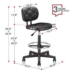 KLASIKA PU Faux Leather Drafting Rolling Stool Chair with Seat Height Adjustable 30 inch Fixed Back Support Adjustable Foot Ring for Office Home Plaid Checked Pattern (1 Pack-New)