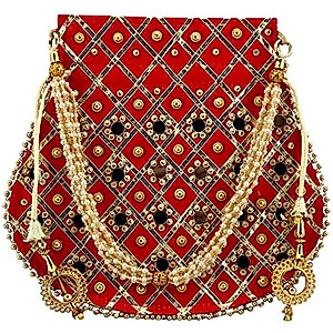 Lookingfab Presents Designer Rajasthani Style Silk Potli Velvet with Bridal Purse with Gota Patti Pottly Purse Women handbag Handicrafts Handmade Decorative Pure Silk Jaipuri Resham Potlis