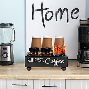 MEMOORIAL Wooden Coffee Station Organizer with 4 Round Legs, Coffee Bar Accessories Organizer for Countertop, Coffee Pods Holder Basket, Coffee Tea Bag Cup Lid Storage Box for Coffee Lover, Black…
