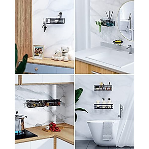 Black Shower Caddy, 4 Packs Self Adhesive Shower Shelves, Bathroom Shower Organizer with 8 hooks, No Drilling Rustproof Stainless Steel Shower Shelf for Inside Shower Wall