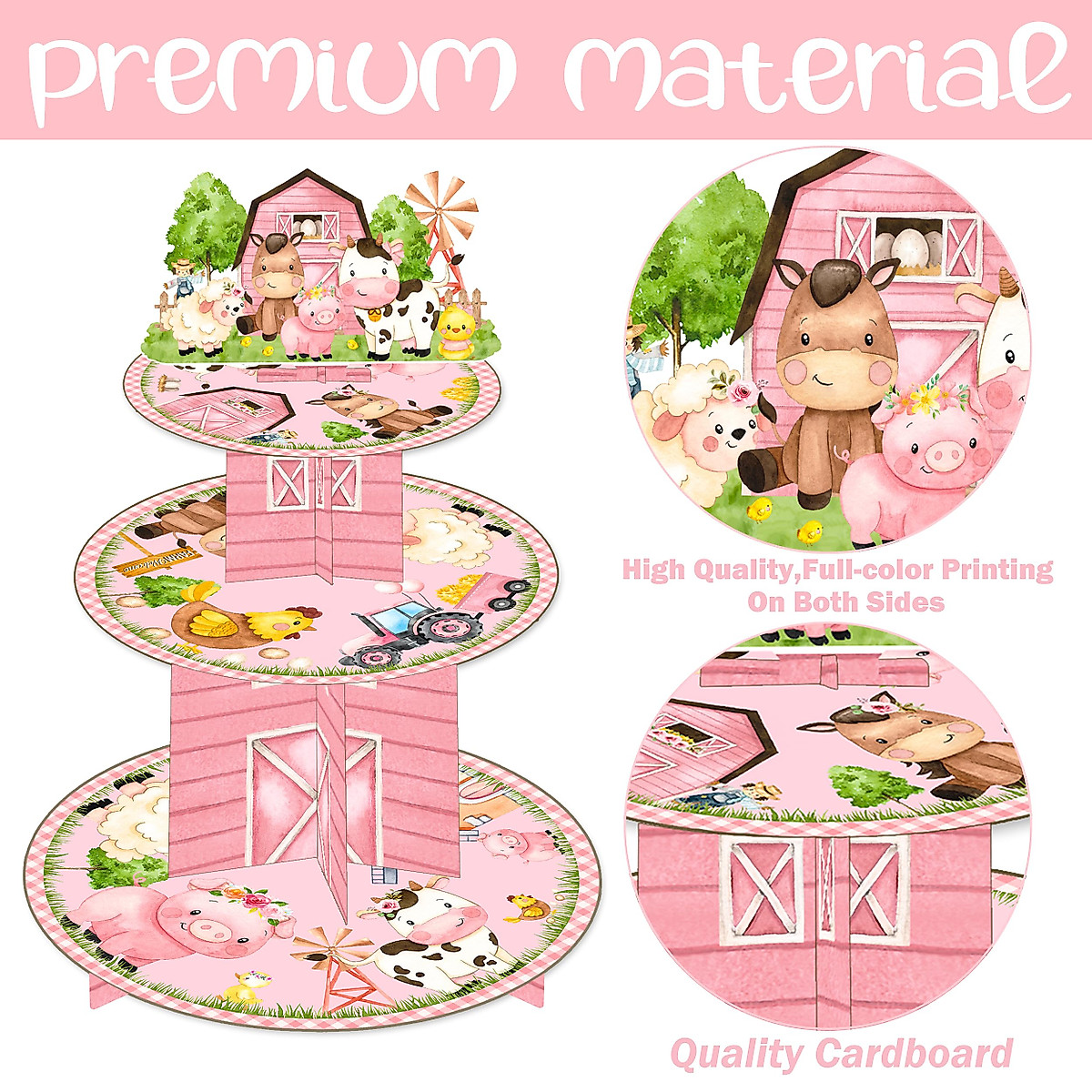 Pink Farm Animals Cupcake Stand 3 Tiers Farm Birthday Party Tower Barnyard Party Stand Holder Farm Animals Party Decorations for Farmhouse Baby Shower Supplies