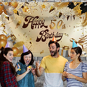 Bing-Haoze 50th Happy Birthday Backdrop-71''x44'' Gold Happy Birthday Decorations Banner Party Decorations Supplies Birthday Banner Sign for Men Women 50th Birthday Party