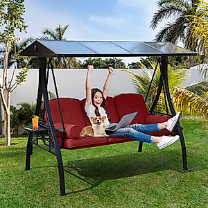 NOBLEMOOD Outdoor Porch Swing with Polycarbonate Hardtop, 3 Seat Patio Swing with Convertible Backrest, 2 Side Cup Holder, Thickened Cushion, 4 Pillows for Adult, Garden, Lawn