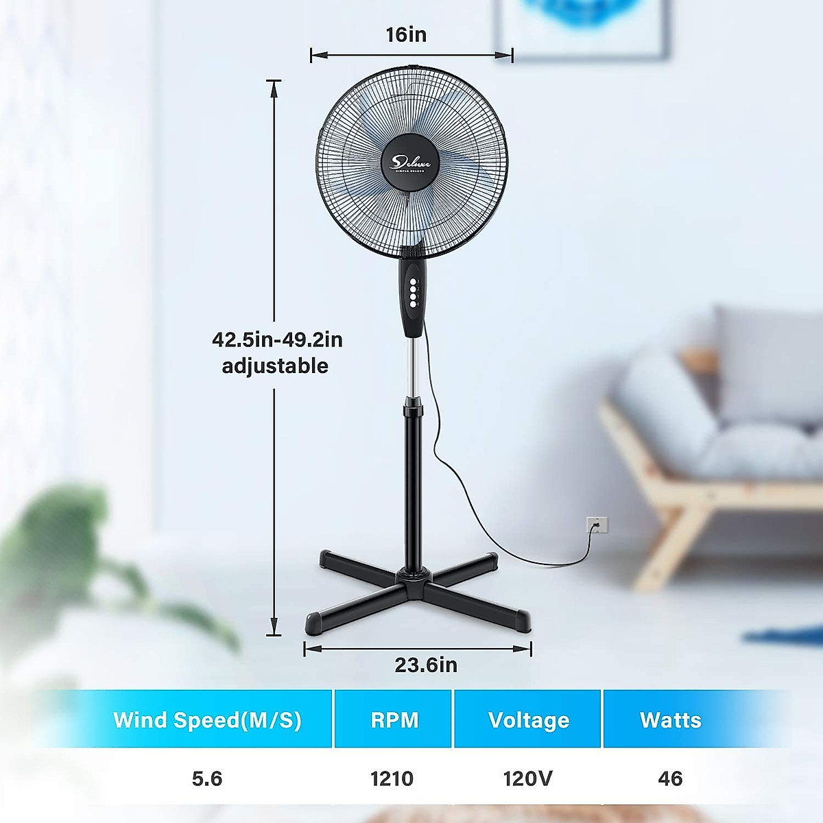 HealSmart Oscillating 16″ 3 Adjustable Speed Pedestal Stand Fan for Indoor, Bedroom, Living Room, Home Office & College Dorm Use, 16 Inch, Black