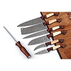 Damascus Knives Handmade Professional Kitchen Knife Set, 7pcs Best Steel Blade Chef set With Storage Leather Roll Case Bag, Cutlery Cooking Sets Wood/Bone Handle(14111)