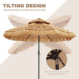 Saemoza 9ft Thatched Patio Tiki Umbrella with Tilt, 32 built-in LED lights 2 Tier Hawaiian Style Beach Patio Umbrella (NO Base)