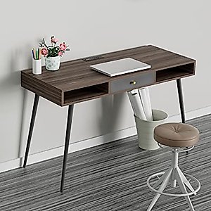 kevinplus Computer Writing Desk 46.8'' with Fast Charge USB Port & Power Outlet, Mid-Century Modern Study PC Desk with Type-C Ports Charging Station, Home Office Desk with Drawer, Walnut & Dark Grey
