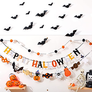 Happy Halloween Banner Pom Pom Garland Set and Halloween Bat Candy Banner with Black Bat Wall Sticker for Halloween Party Decorations Home Decor