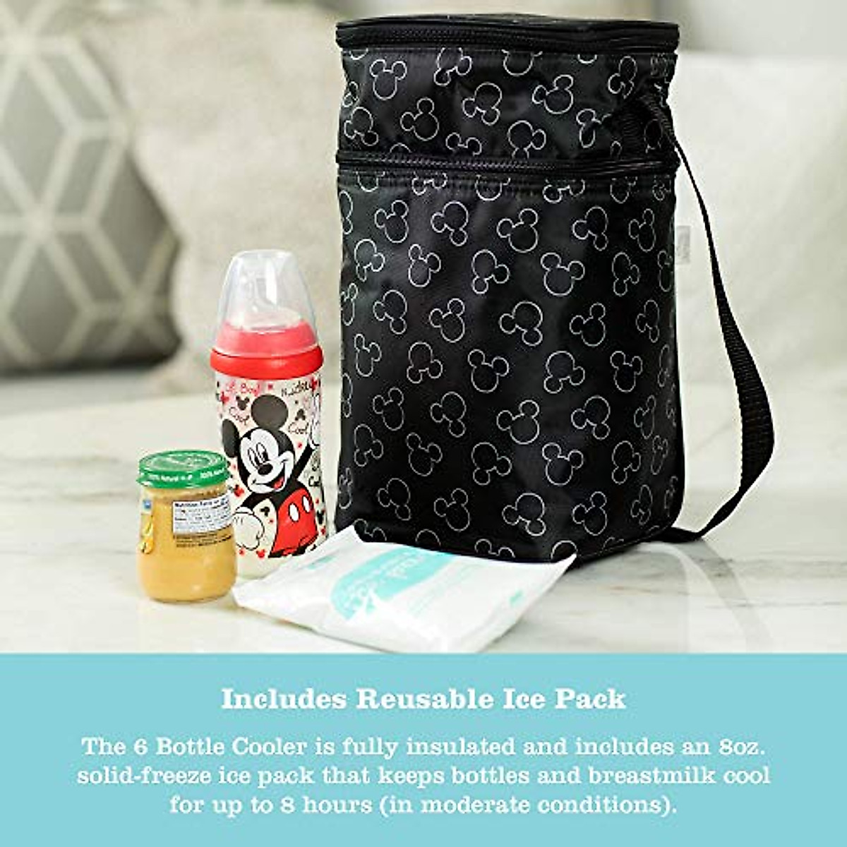 J.L. Childress Disney Baby 6 Bottle Cooler - Baby Bottle & Food Bag - Ice Pack Included - 2 Compartments - Insulated & Leak Proof Bottle Bag - Breastmilk Cooler Bag for Travel - Mickey Black