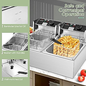 Commercial Deep Fryer, 3400W Electric Deep Fryers with 2x6.35QT Baskets 0.8mm Thickened Stainless Steel Countertop Oil Turkey Fryer 20.7QT Large Capacity with Temperature Limiter