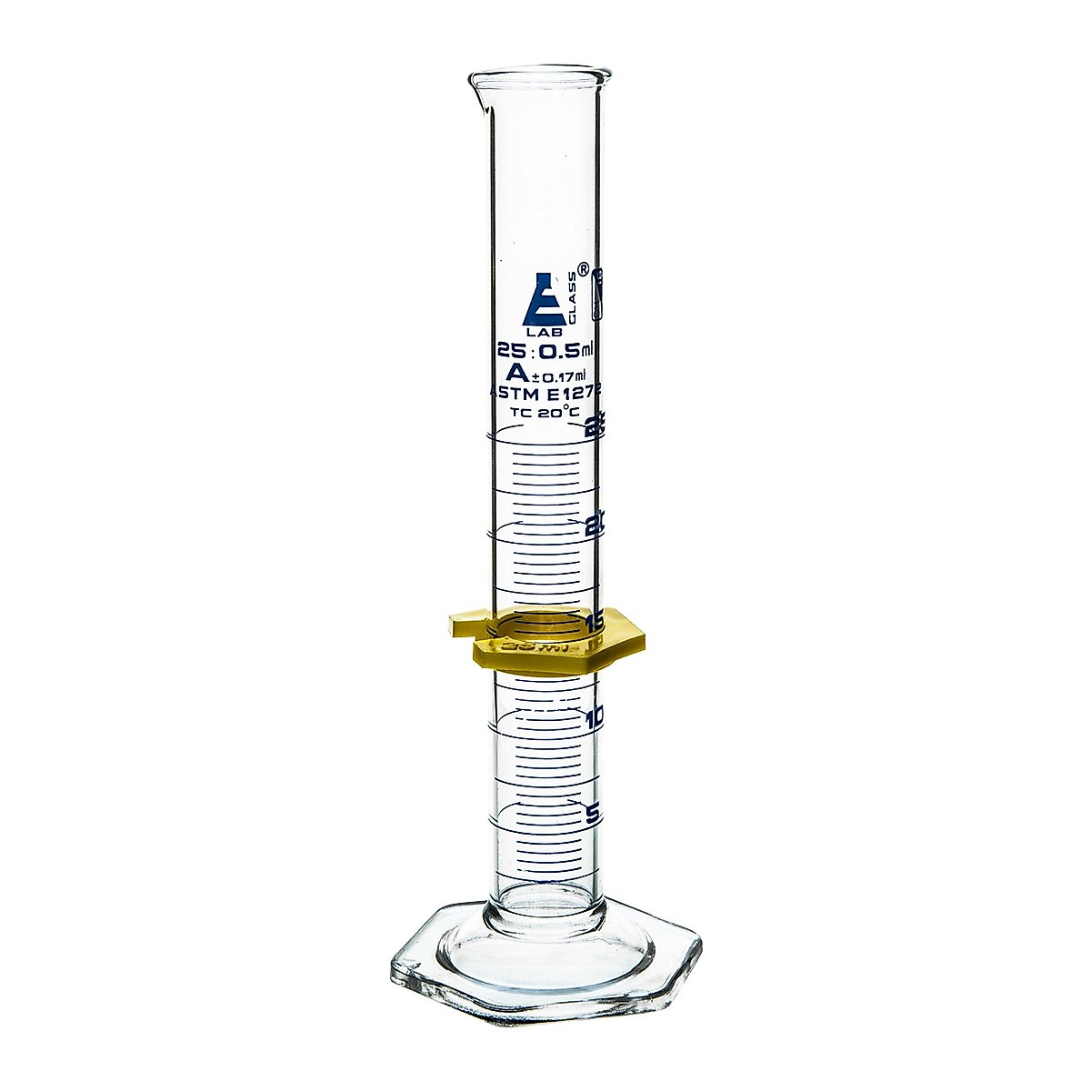 EISCO Graduated Cylinder, 25mL - ASTM, Class A Tolerance ±0.17mL - Protective Collar, Hexagonal Base - Blue Graduations - Borosilicate 3.3 Glass