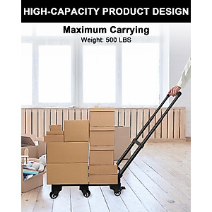 SERVOMASTER Folding Hand Truck, Hand Truck Dolly 500 LB Heavy Duty, Foldable Luggage Cart with 6 Wheels and 2 Elastic Cords with Adjustable Handle for Luggage, Travel, Shopping, Office Moving, Black