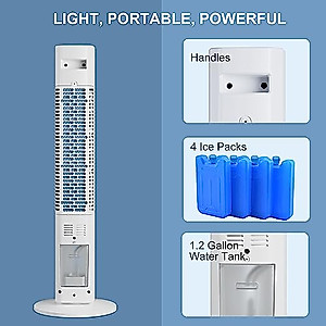 35’’ Evaporative Cooler Tower Fan 3-IN-1 Portable Air Conditioner, Remote Control, 120 Degree Oscillation, 3 Speeds, Normal/Sleep/Cool Modes, 7 Hour Timer & 4 Ice Packs for Home Office School Outdoor
