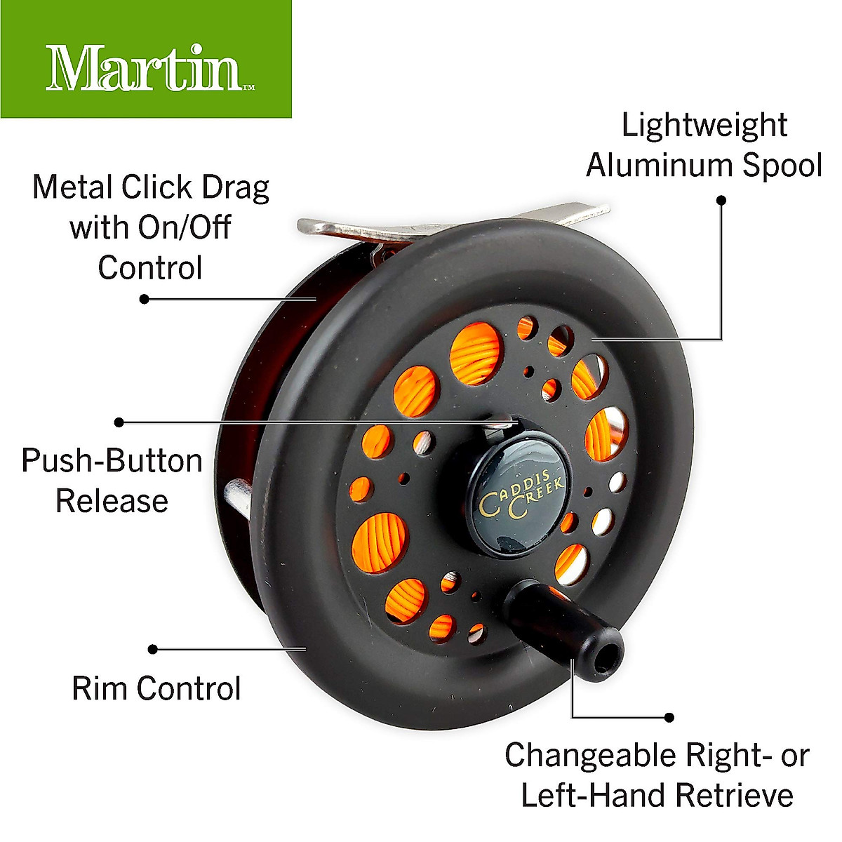 Martin Caddis Creek Fly Fishing Reel, Size 6/5 Single Action Fly Reel with Rim-Control, Changeable Right- or Left-Hand Retrieve, Lightweight Aluminum Spool, Brown, 63