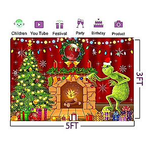 Cartoon Fireplace Backdrop for Christmas Party Supplies 5x3ft Grinch Xmas Photo Background Merry Christmas Photography Backdrop Grinchmas Banner